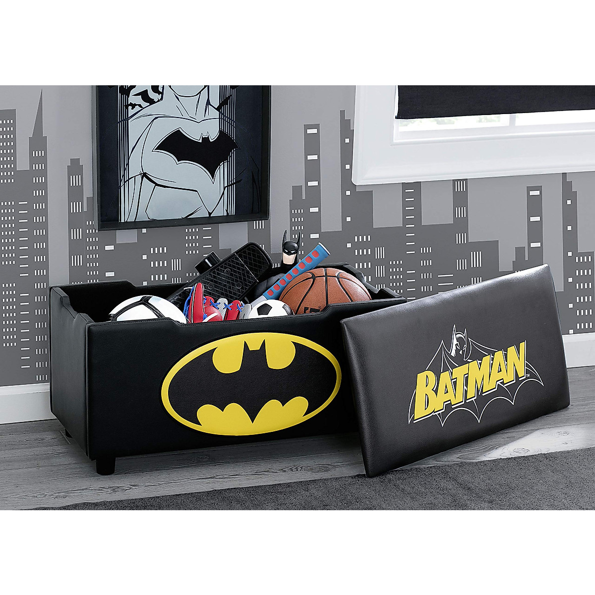 Delta Children DC Comics Batman Upholstered Storage Bench for Kids | Perfect for Bedrooms/Playrooms/Living Rooms | Features Fun Graphics of Batman