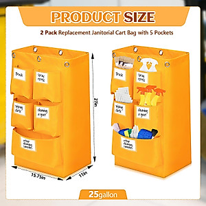 Yoojahow 2 Pack Replacement Cleaning Cart Bag Janitorial Cart Bag with 5 Pockets 25 Gallon Thickened Large Capacity Waterproof Commercial Housekeeping Cart Bag with 6 Brass Grommets, Yellow