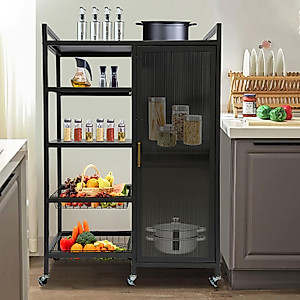 HOLMZCED 4 Tiers Kitchen Storage Shelf with Detachable Trays, Mobile Storage Cabinet with Adjustable Shelf Standing Rack Shelf with Wheels Black for Living Room Kitchen