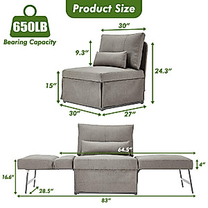 ZZW Sleeper Chair Bed Upgrade 4-in-1 to 5-in-1 Convertible Multi-fuction Sofa Bed Chair w/Adjustable Backrest Assembly-Free Linen Folding Sofa Ottoman Bed Chair for Living Room Apartment (Light Grey)