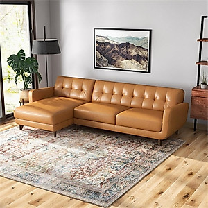 ASHCROFT Elva Mid Century L-Shaped Genuine Leather Left Facing Chaise Sectional, Light Brown Tufted Tight Back Sectional Sofa for Living Room Waiting Area Office Apartment Dorm Home, Tan