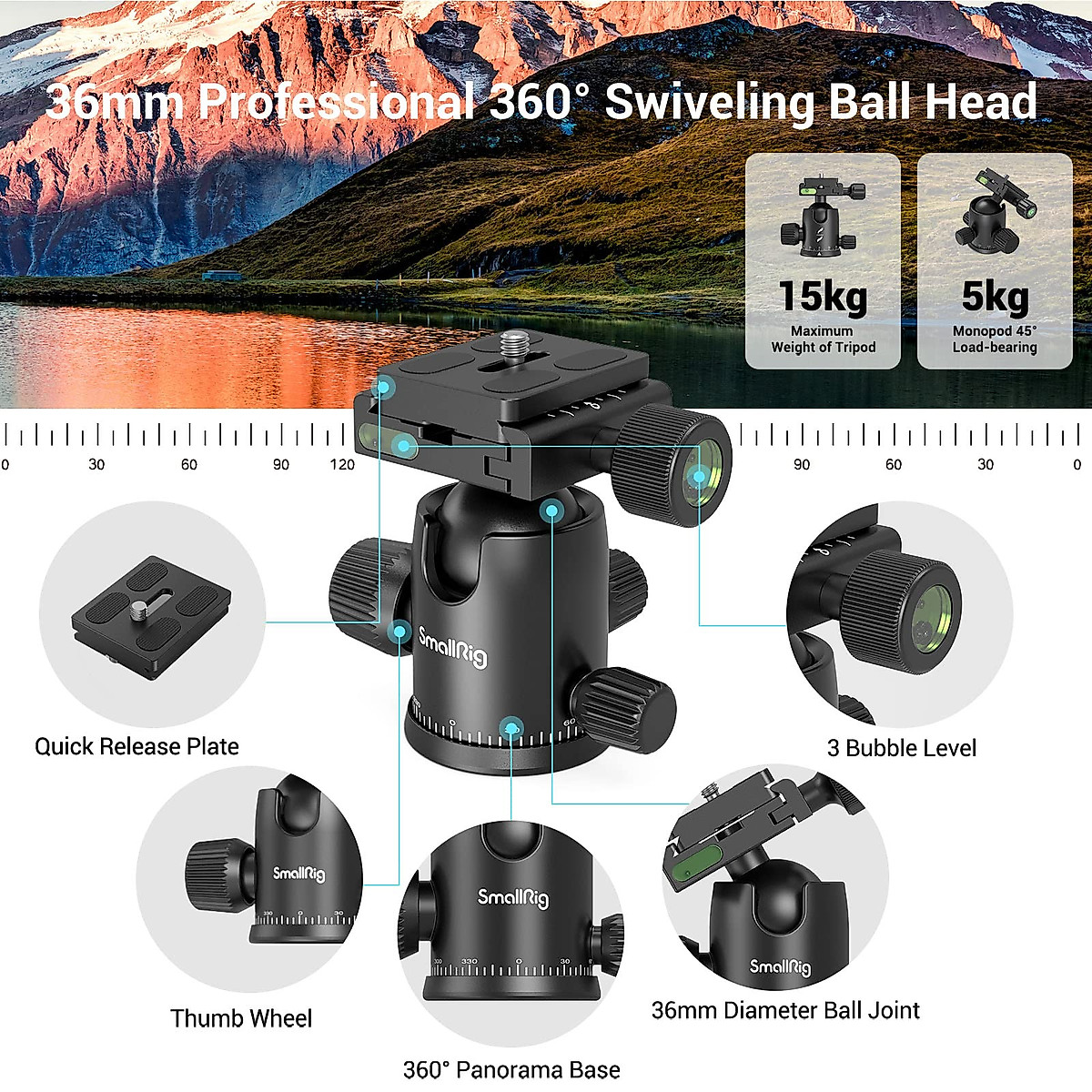 SmallRig 71" Camera Tripod Monopod with Detachable 360° Ball Head, Quick Release Plate, Max. Payload 33lb, Adjustable Height 16-71 inches for Travel, Video, Live Streaming, Vlogging