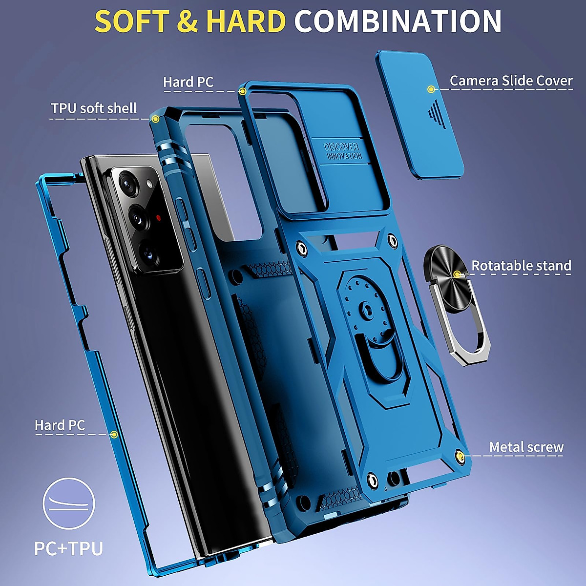 IYTRRYH for Samsung Galaxy Note 20 Ultra Case with Glass Screen Protector,with Magnetic Kickstand Ring&Camera Cover Military Grade Drop Shockproof Heavy Duty Protection Galaxy Note 20 Ultra Case Blue