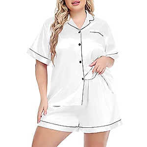 SWOMOG Women's Plus Size Pajama Set Silk Satin Pajamas Short Sleeve 2 piece Sleepwear Button Down Bride Loungewear Set White
