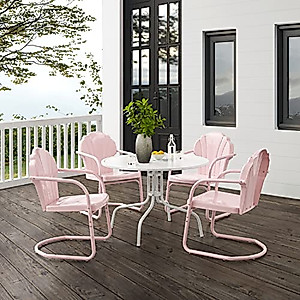 Crosley Furniture Tulip 5-Piece Outdoor Dining Set for 4, Retro Metal Round Patio Table and Chairs for Deck, Pastel Pink Gloss