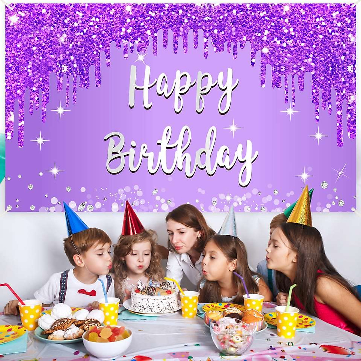 Purple Silver Happy Birthday Banner Party Decorations for Women Girls, Purple Happy Birthday Themed Backdrop Party Supplies, 10th 16th 21st 30th 40th 50th 60th Photo Props Sign Decor