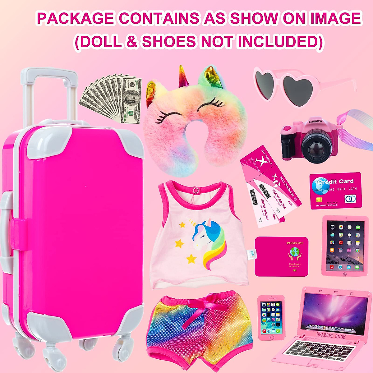XFEYUE 23 Pcs American 18 inch Doll Clothes and Accessories - Suitcase Luggage , Pillow, Sunglasses, Camera, Passport, Mobile Phone , Computer Doll Travel Gear Play Set Fit 18 inch Doll (No Doll)