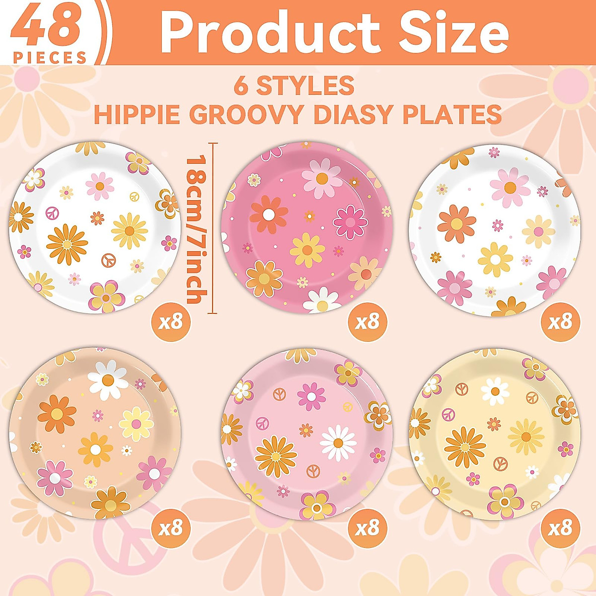ojustbeok 48pcs Groovy Daisy Party Supplies Hippie Paper Plates Daisy Party Decorations Retro Daisy Plates Tableware Hippie Boho Flower Dessert Plates for Birthday Bridal Baby Shower Party Favor