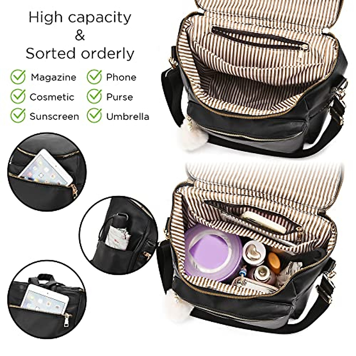 I IHAYNER Women Backpack Purse Fashion Leather Large Designer Travel Bag Ladies Shoulder Bags with Pompom Backpack for College Work, Black