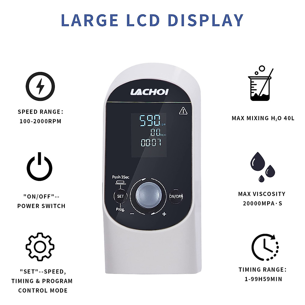 LACHOI Electric Overhead Stirrer Mixer 100-2000RPM Timing Max.40L(H₂O) LCD Display Digital Overhead Stirrer Mixer 20000mPas Powerful Lab Stirrers Mixer with Stirring Rod&Stand