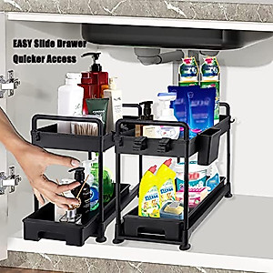 UBeesize 2 Pack Bathroom Organizer Basket Drawers, Slide Out Under Sink Cabinet Organizers and Storage for Bathroom Countertop Bathroom Sink Organizer with Hooks and Cups,Pull Out Under Sink Shelf