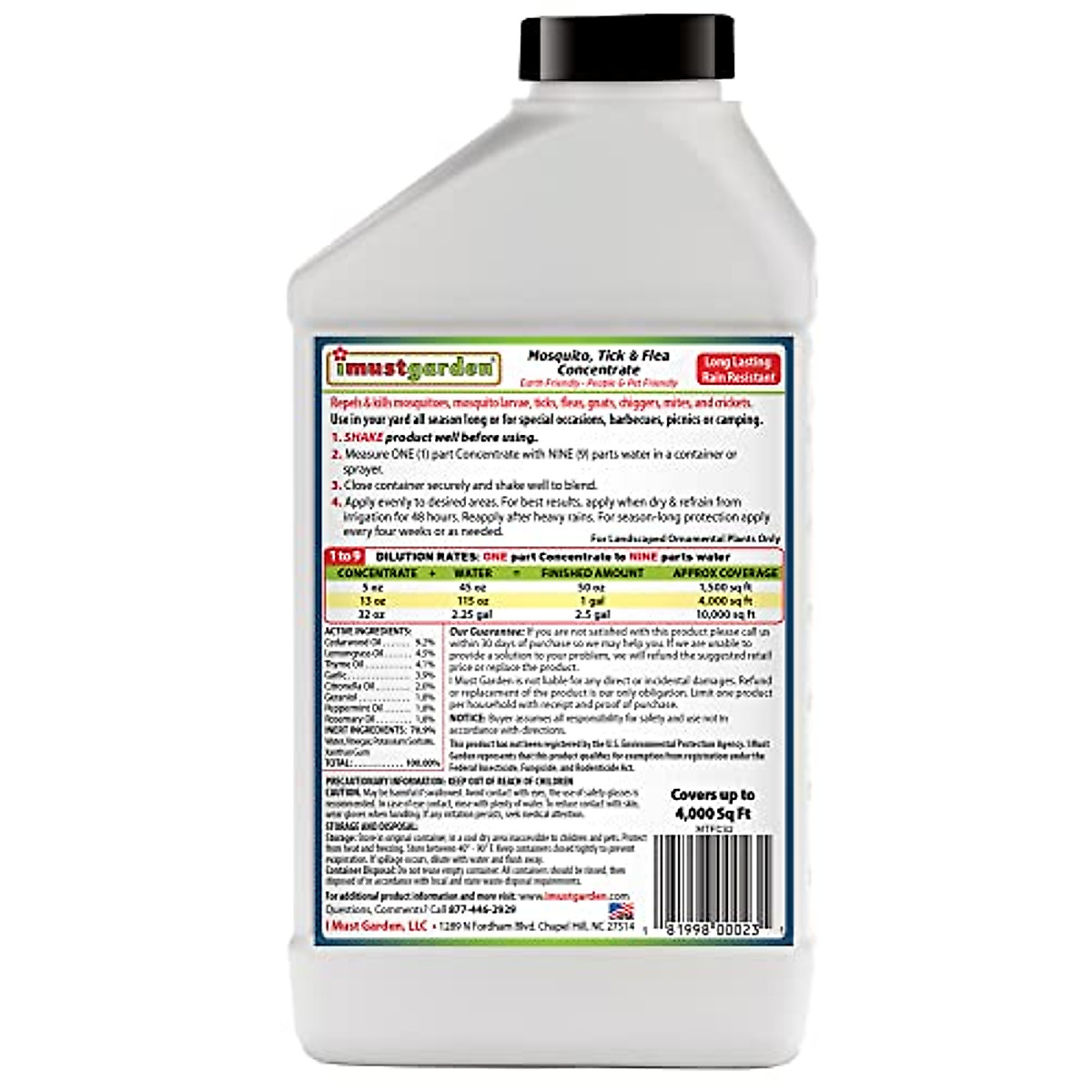 I Must Garden Mosquito Tick and Flea Concentrate: Kills and Repels Biting Insects from Yard – Natural and Pet Safe – Covers 4,000 Sq. Ft - 32oz
