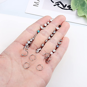 THUNARAZ 20G Stainless Steel Stud Earrings for Women Multipack Cartilage Earrings Star Moon Heart Opal Ball Tiny CZ Flat Back Earrings Hoops Tragus Daith Helix Earrings Piercing Jewelry, Metal, Cubic