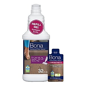 Bona Hardwood Floor Cleaner Bottle for use with Swiffer WETJET Spray Mop, makes 64 Fl Oz - Includes Filled Bottle + Concentrate Refill for Wood Floor Cleaning