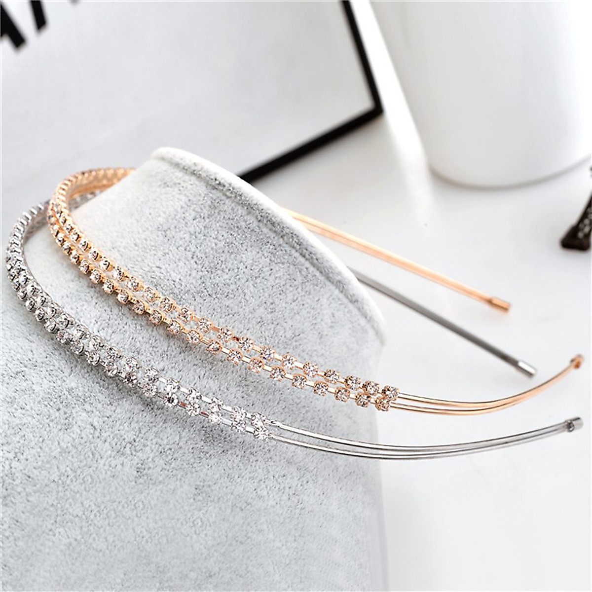 Ruihfas Silver/Rose Gold Tone Double Rows Crystal Rhinestones Fashion Headbands Wedding Party Hair Hoop Band Hairband Headwear for Women (Silver)