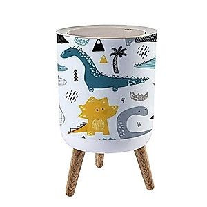 Nordic Style Trash Can - Childish seamless with hand drawn dino in scandinavian style Creative Push Top Trash Can with Lid - Scandinavian Modern Garbage Can - Round Trash Bin w/ Legs for Kitchen/Bathroom/Dog proof, 1.8 Gallon - 7L