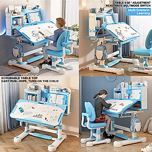 Small Desk, Kids Study Desk Chair Set, Height Adjustable Children School Study Table Chair Set with Sitting Corrector, Ergonomic Desk Chair with Book Stand, Foot Pedal, Partition Design (Pink1)