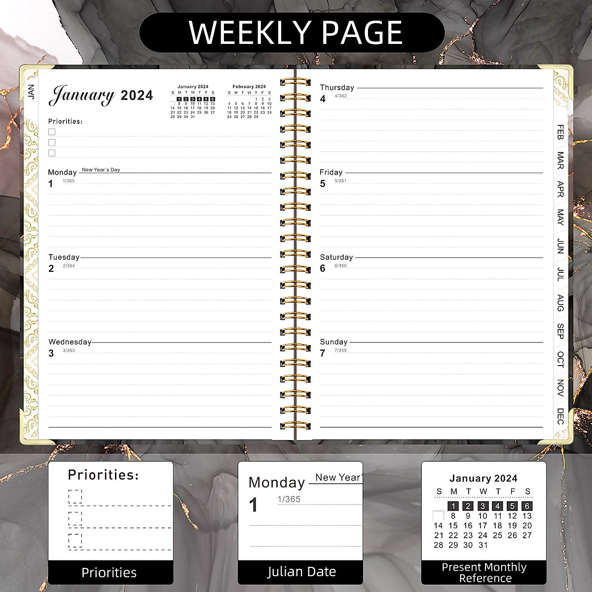 Knagsfa 2024 Monthly Planner, Jan 2024 - Dec 2024 Weekly Monthly Planner 6.5" x 8.5" with Page Tabs, Calendar Hardcover with Inner Pocket, Elastic Band, Twin-Wire Binding, Bookmark,Black Pink Marble