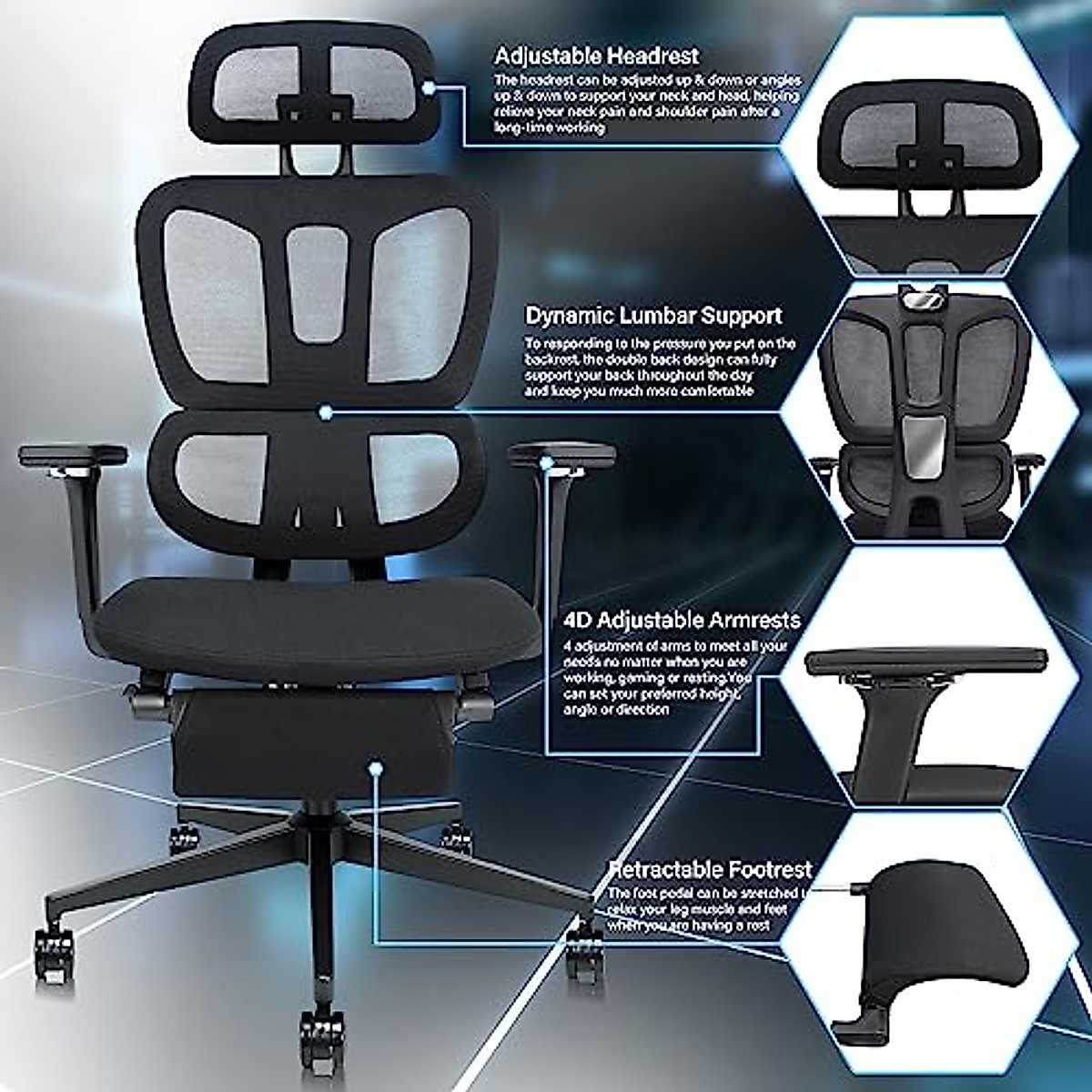Ergonomic Mesh Office Chair with Retractable Footrest - High Back Computer Chair, Lumbar Support, 4D Adjustable Armrest and Headrest, Durable Base - Multifunctional Home Office Desk Chair for Adults