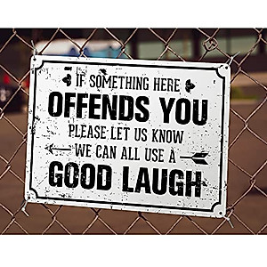 Aulutum Funny Garage Man Cave Decor Metal Signs, If Something Here Offends You Please Let us Know We Can All Use a Good Laugh 8 ×12 Inches