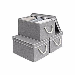 StorageWorks Storage Bins with Lid and Soft Rope Handles, Foldable Storage Basket, Gray, 3-Pack, Large,15.25x10.75x8.25 inches (LxWxH)