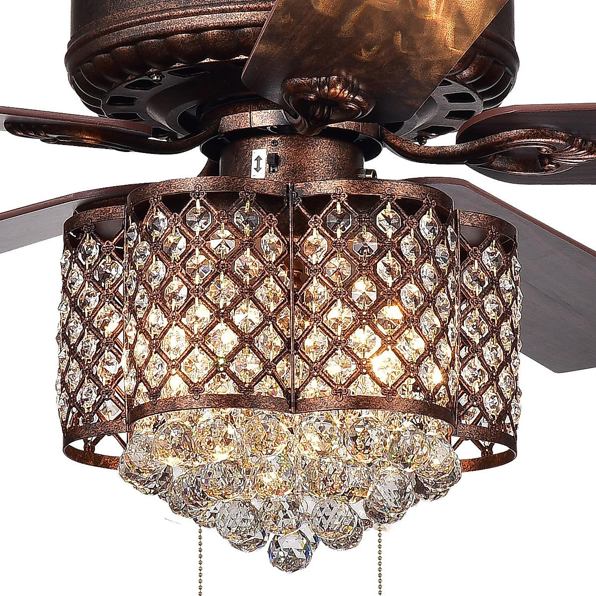 Neatmeat Crystal Ceiling Fans with Lights 52'' Chandelier Ceiling Fan with Pull Chain Control Flush Mount Vintage Bronze Ceiling Fan with 5 Reverse Wood Blades for Bedroom Living Room Dining Room