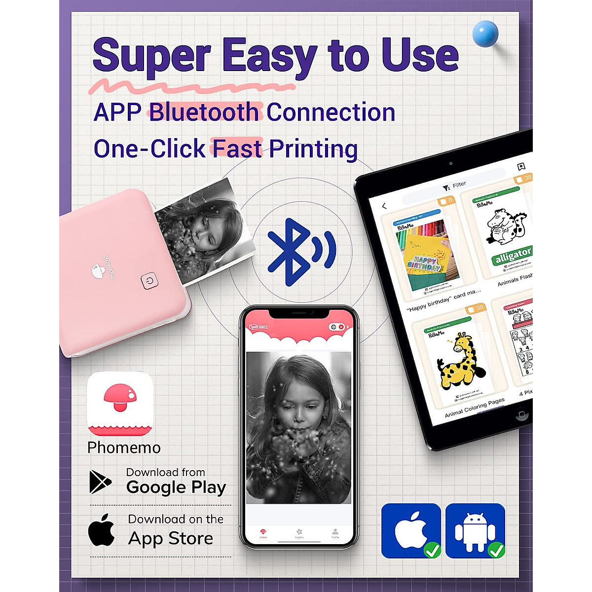 Memoking Inkless Sticker Printer - 300dpi M02Pro Thermal Mini Printer for Phone, Bluetooth Sticky Note Printer, Portable Pocket Printer Machine - Pink Mini Photo Printer for DIY, Study Notes