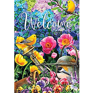 Springtime Garden Welcome House Flag Birds Floral 28" x 40" Briarwood Lane