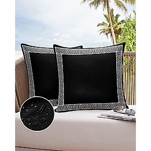 Funy Decor Waterproof Outdoor Throw Pillow Cover Geometric Greek Key Design Lumbar Pillowcases Set of 2 Black Decorative Patio Furniture Pillows for Couch Garden 18x18 inch