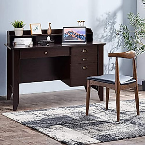 Tangkula Computer Desk with 4 Storage Drawers & Hutch, Home Office Desk Vintage Desk with Storage Shelves, Wooden Executive Desk Writing Study Desk (Brown)