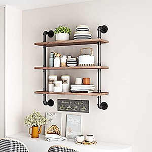 BOSURU Industrial Pipe Shelving Rustic Wood Floating Shelves 3 Tiers Modern Wall Mount Bookshelf(Black,32 inch)