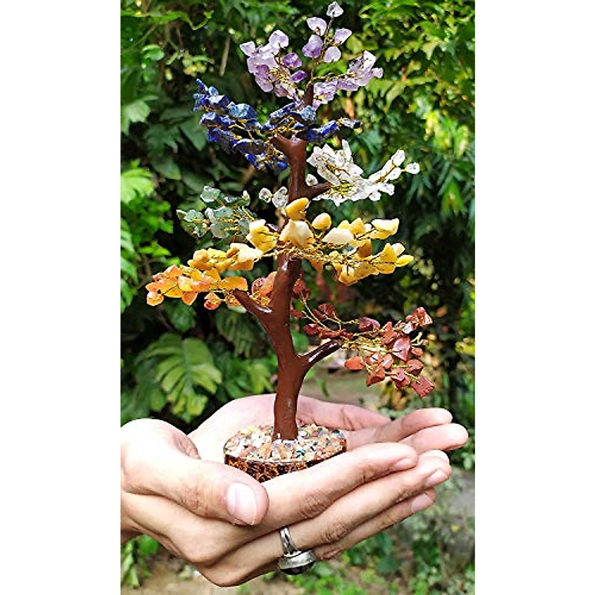 Shawn Seven Chakra Natural Healing Gemstone Bonsai Fortune Money Tree for Good Luck, Wealth & Prosperity Office Decor Spiritual Gift (with Golden Wire and 300 Beads) Size 10-12 Inches, Golden,natural
