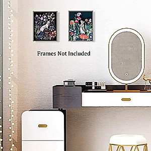 Mushroom Butterfly Wall Art, Black Background Botanical Floral Insect Wildlife Fox Print, Fun Cute Creative Nature Poster for Kitchen Bedroom Living Room Decor, Set of 4 - (8 x 10 Inch Unframed)