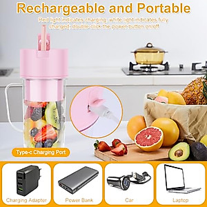 Portable Blender, 340ml Personal Electric Smoothie Blender with 10 Blades 1500mAh USB Rechargeable Mini Blender Cup with Handle Straw Cordless Personal Blender for Kitchen/Travel/Gym (Pink)