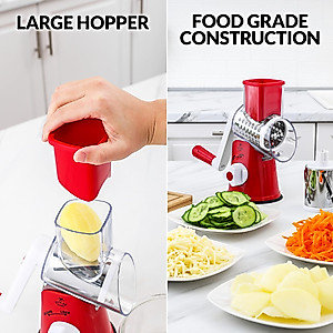 Zulay Kitchen Cheese Grater Hand Crank, Grater For Kitchen With Reinforced Suction - Rotary Cheese Grater With 3 Replaceable Stainless Steel Blades - Easy to Use & Clean - Vegetable Cutter - Red