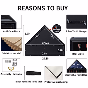 Zmiky Veteran Burial Flag Display Case American Flag Solid Wood Display Case Fits a 5 X 9.5 Flag Folded Military Shadow Box with Felt Lining Holder for Pins Insignia Medals, Black