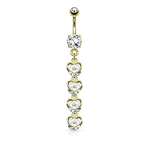 Forbidden Body Jewelry 14k Gold Plated Surgical Steel CZ Cascade of Hearts Dangle Belly Button Ring
