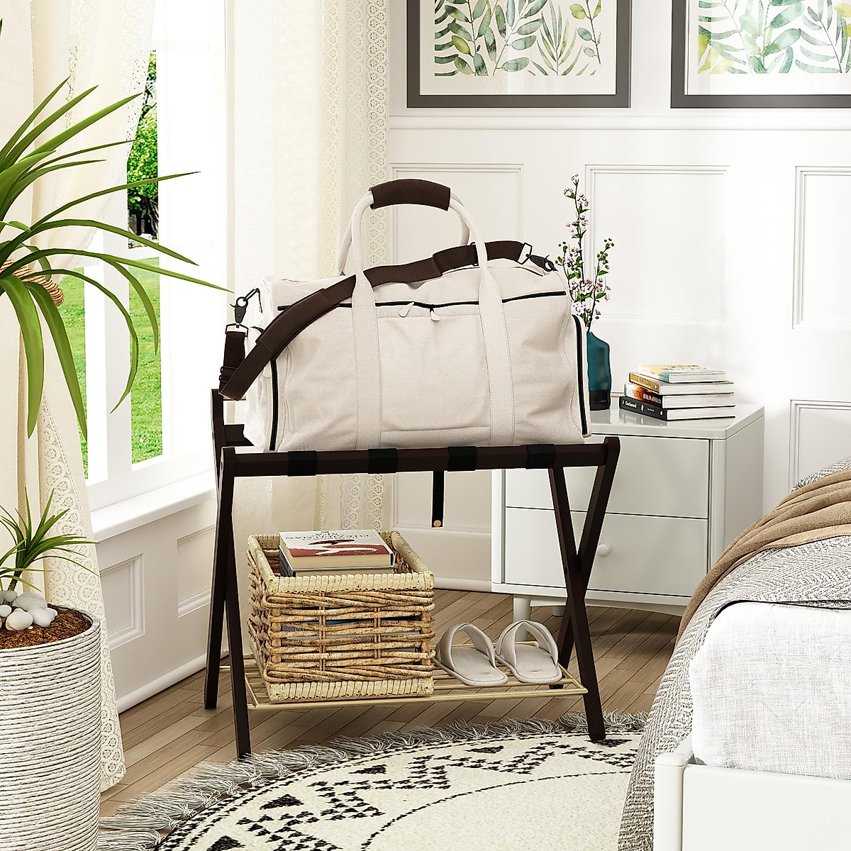 HLR Bamboo Luggage Rack for Guest Room, Folding Suitcase Stand with Metal Shelf&Back, Heavy Duty Luggage Holder for Bedroom, Living Room, Hotel, Espresso and Gold