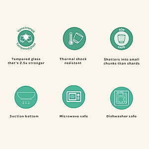 BEABA 3-Piece Duralex Glass Meal Set with Silicone Suction, Toddler Plate and Baby Bowls with Suction, Non Slip Kids Dinnerware Set, 2.5x Stronger than Regular Glass, (Rain)