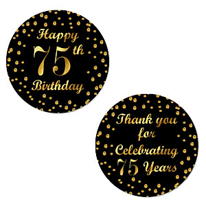 75th Birthday Round 2 Inch Big Glossy Stickers, Thank You for Celebrating 75 Years Black and Gold Labels, Great for Party Favors, Decorations, Tags, Gift Bags and Supplies. Made in USA