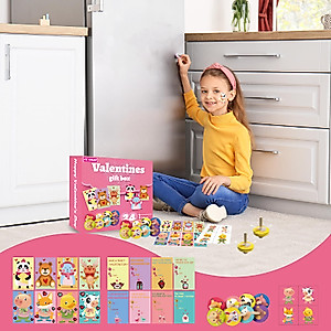 96PCS Valentines Toys for Class, Valentines Day Exchange Cards for Kids, Wooden Spinning Tops, Animal Stickers, Goodies Bags, Valentines Gifts for Kids Classroom, School Prize Party Favors