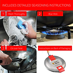 Chef's Medal Traditional Hand Hammered Carbon Steel Pow Wok with Bamboo and Steel Helper Handle - 14 Inch, Round Bottom