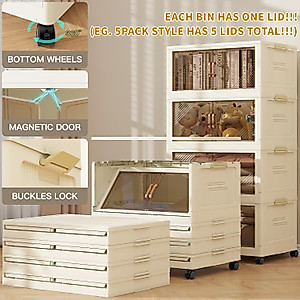 5 Storage Bins with 5 Lids, 23 Gal Collapsible Storage Bins, 5 Packs Stackable Storage Bins with Wheels,Large Closet Organizers and Storage, Double Door Stackable Storage Bins for Home, Ofiice, Dorm