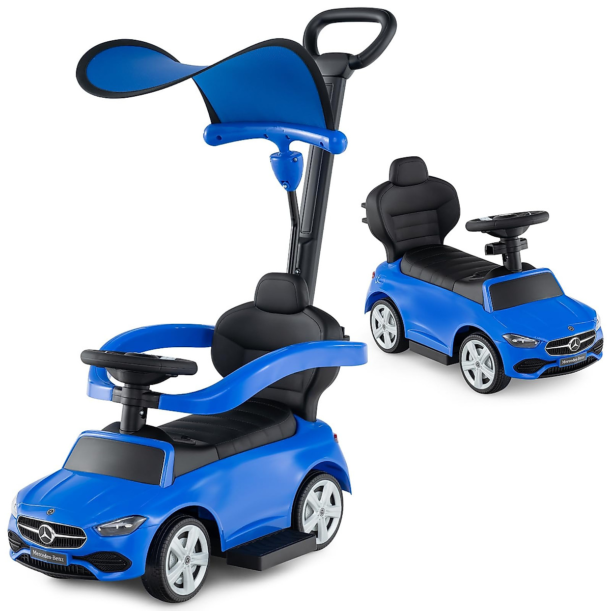 HONEY JOY Ride On Push Car, Licensed Mercedes-Benz Push Cars for Toddlers, Adjustable Canopy & Seat Storage, Horn, Toddler Push Car with Handle, Ride On Toy for Boys Girls(Blue)