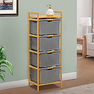 MoNiBloom Bamboo Organizer Clothing Storage Shelf with 4 Part Compartment Sorter Baskets Fabric Removable Clothes Drawers for Bedroom Laundry Living Room, Grey