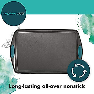 Rachael Ray Cucina Hard Anodized Nonstick Cookware Pots and Pans Set, 12 Piece, Gray with Blue Handles & Ray Bakeware Nonstick Cookie Pan Set, 3-Piece, Gray with Marine Blue Grips