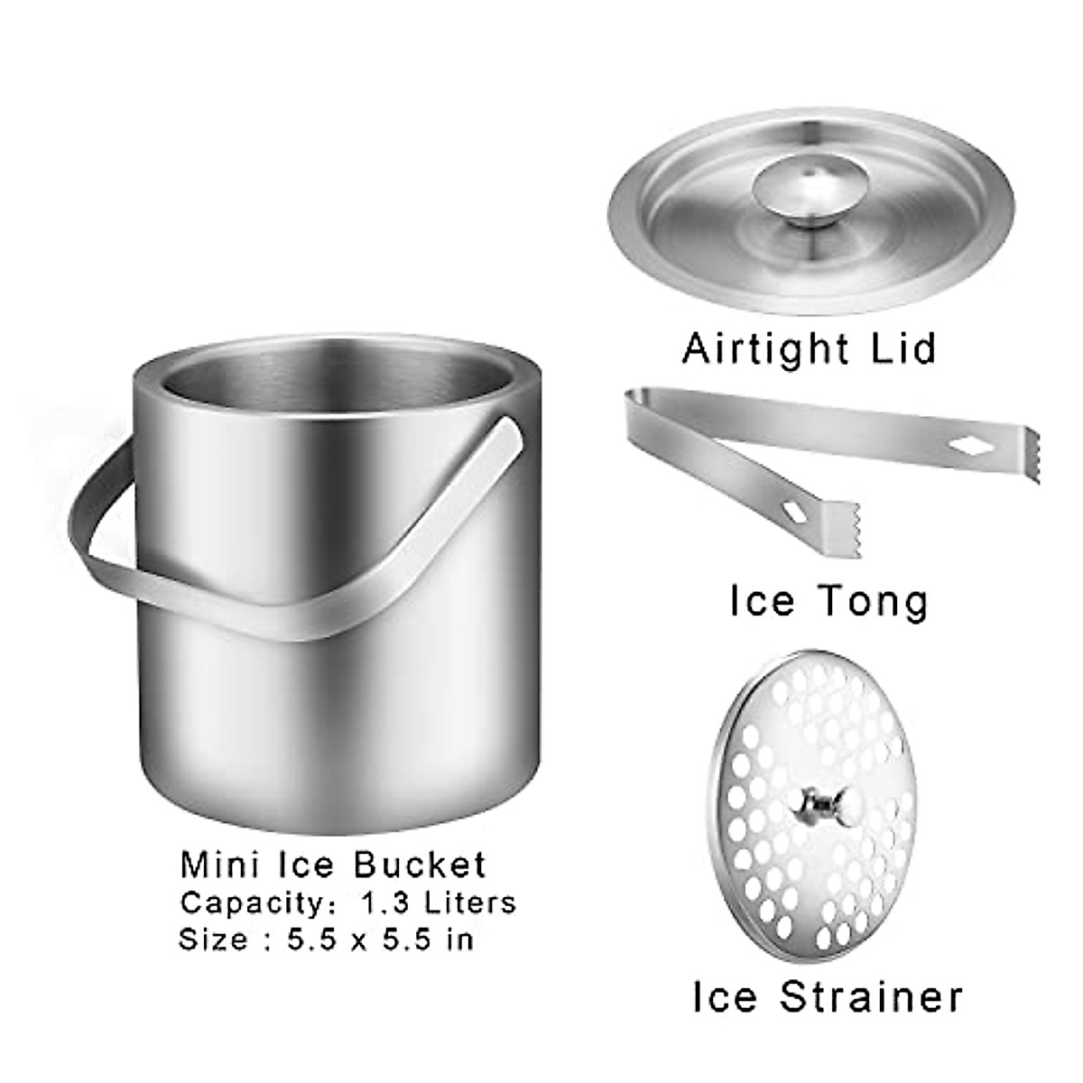 LUCKYGOOBO Mini Stainless Steel Ice Bucket Portable Double Wall Ice Bucket with Tong, Hotel Bucket/Champagne Bucket/Beverage Bucket,Size 1.3 Liters 5.5 x 5.5 in,Serveware for Party,Event,and Camping.