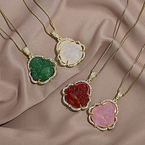 Buddha Pendant Pink Jade Buddha Necklace Silver Iced Out Bling Cubic Zirconia laughing Buddha Pendant Necklace