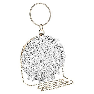 Tanpell Womens Evening Bag Round Beaded Clutch Handbag Sequins Bridal Wedding Purse for Cocktail Party (Silver)