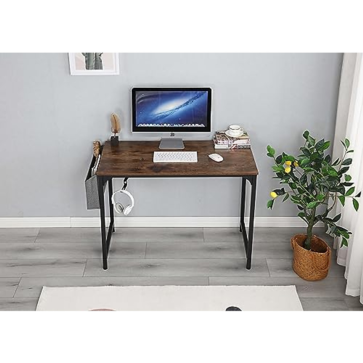 40 Inch Home Office Writing Small Desk Study Computer Desk Simple Style Pc Table Black Metal Frame Brown (40Inch, Brown)
